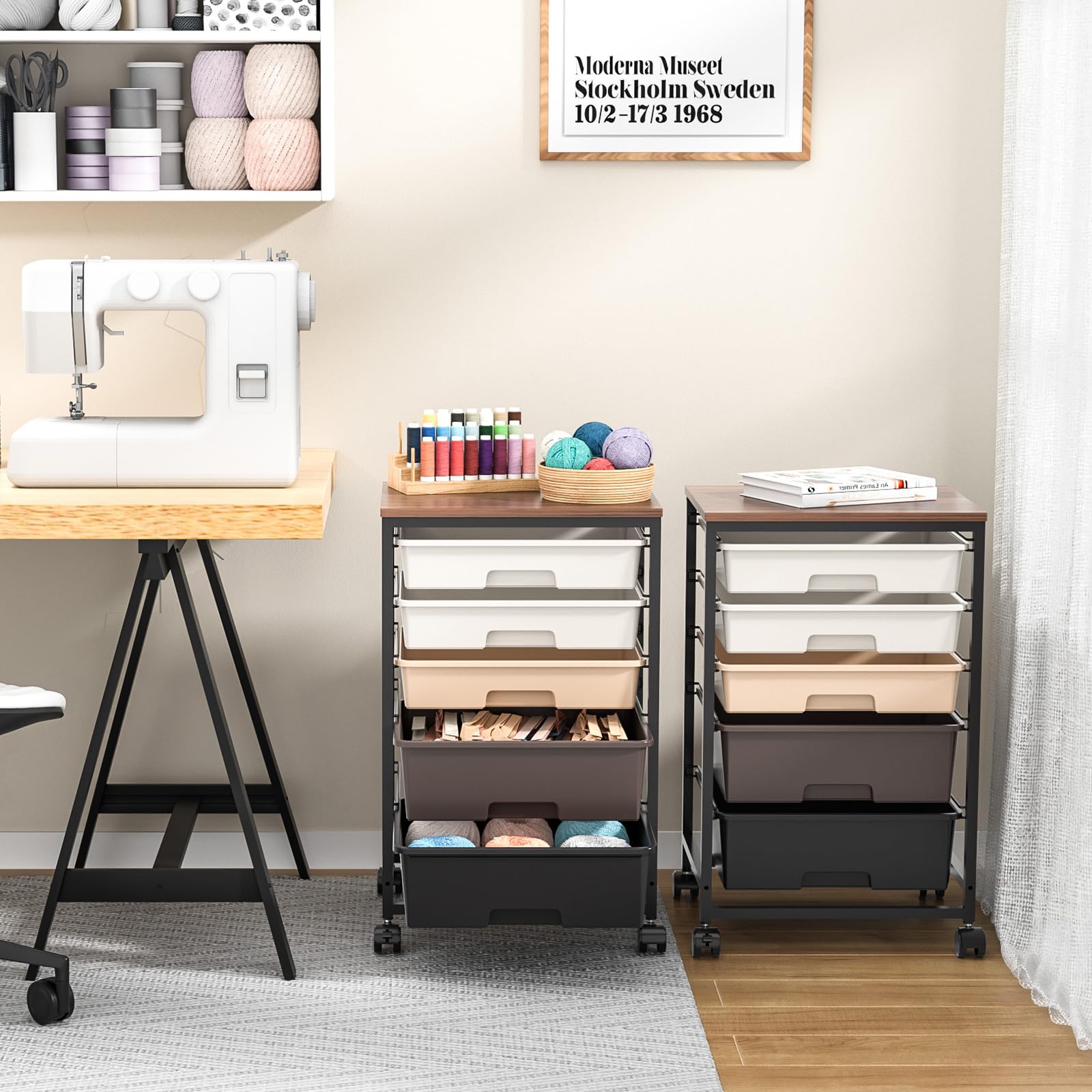 TOOLF Utility Cart with 5 Drawers,Storage Drawer Cart with Wooden Tabletop and Lockable Wheels,Craft Storage Trolley Cart,5-Tier Rolling Utility Cart on Wheels (Brown)