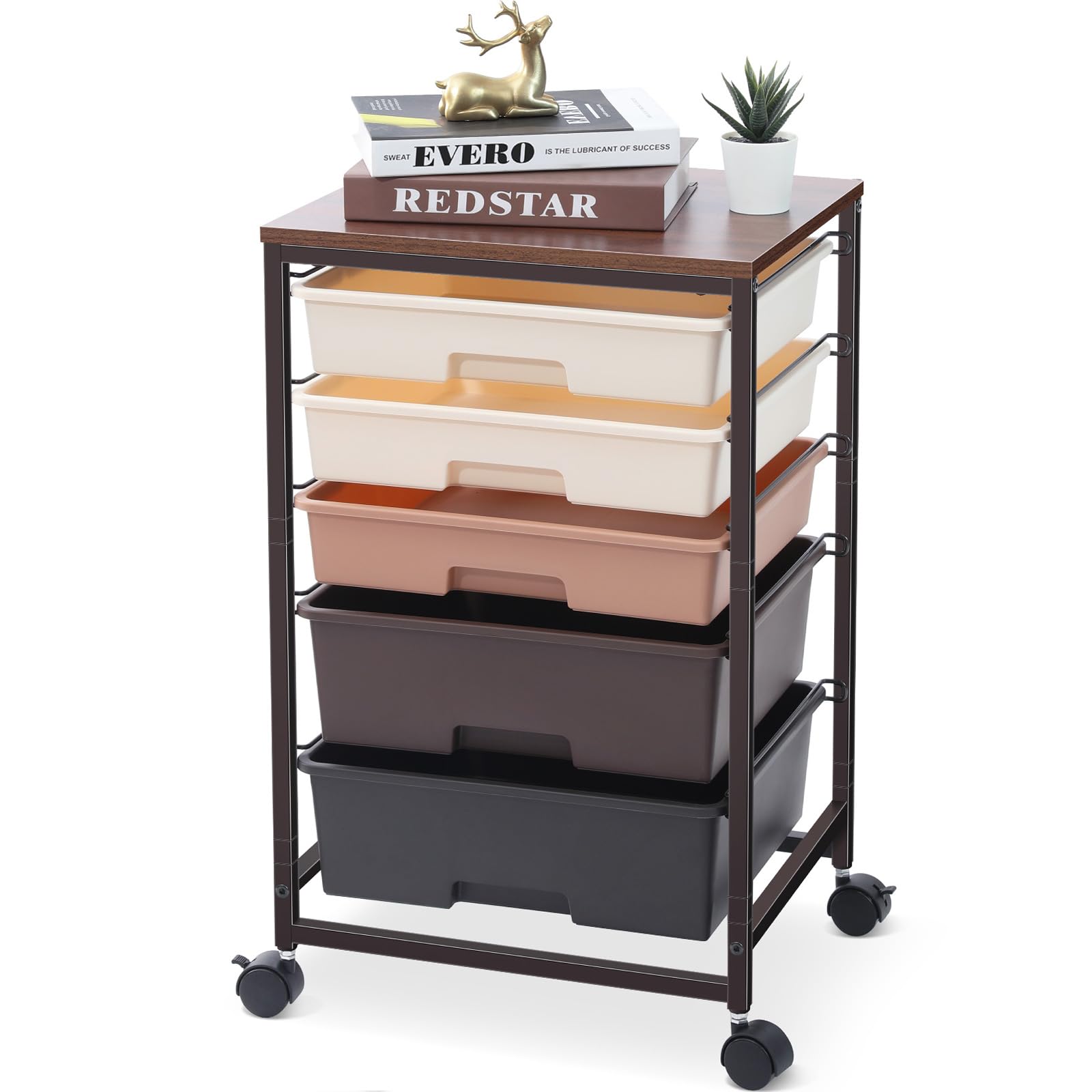 TOOLF Utility Cart with 5 Drawers,Storage Drawer Cart with Wooden Tabletop and Lockable Wheels,Craft Storage Trolley Cart,5-Tier Rolling Utility Cart on Wheels (Brown)