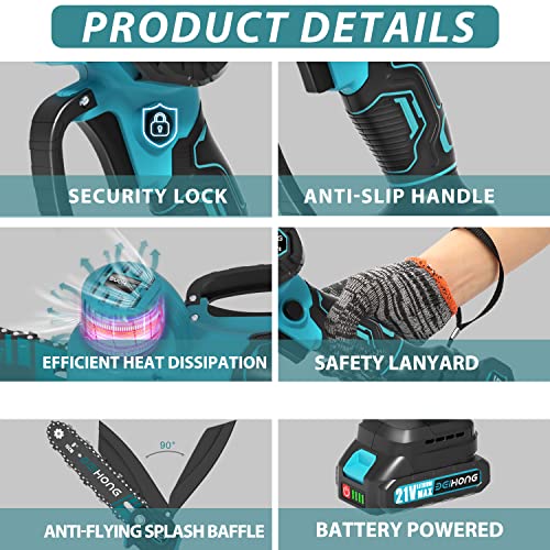 BEI & HONG Mini Chainsaw 6-Inch with 2 Batteries, Cordless Power Chain Saws with Security Lock, Handheld Small Chainsaw for Wood Cutting Tree Trimming (2023 upgrade)