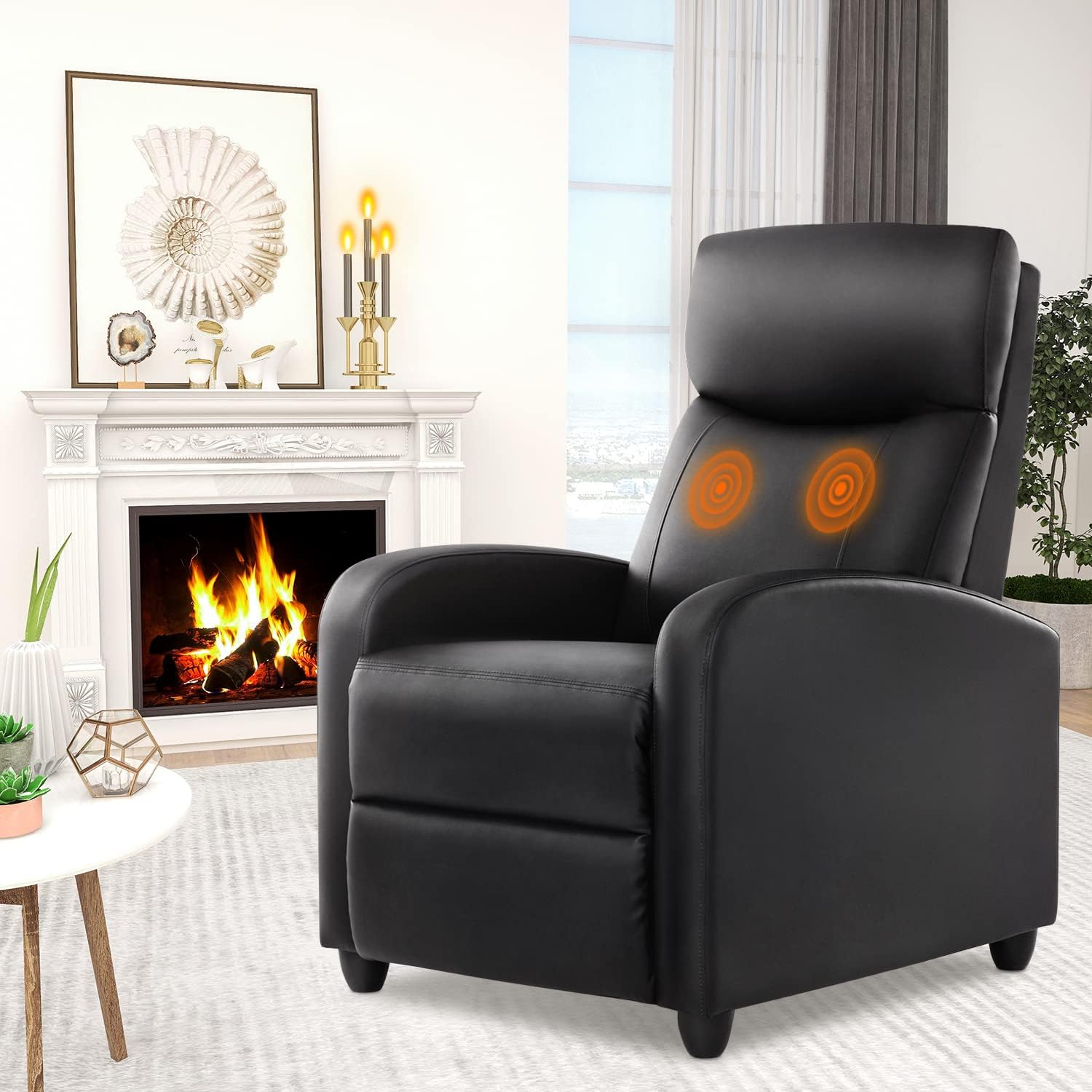 Sweetcrispy Living Room PU Leather Massage Winback Single Sofa Home Theater Adjustable Modern Reclining Chair with Padded Seat Backrest for Adults(Dark Black)