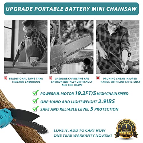 BEI & HONG Mini Chainsaw 6-Inch with 2 Batteries, Cordless Power Chain Saws with Security Lock, Handheld Small Chainsaw for Wood Cutting Tree Trimming (2023 upgrade)