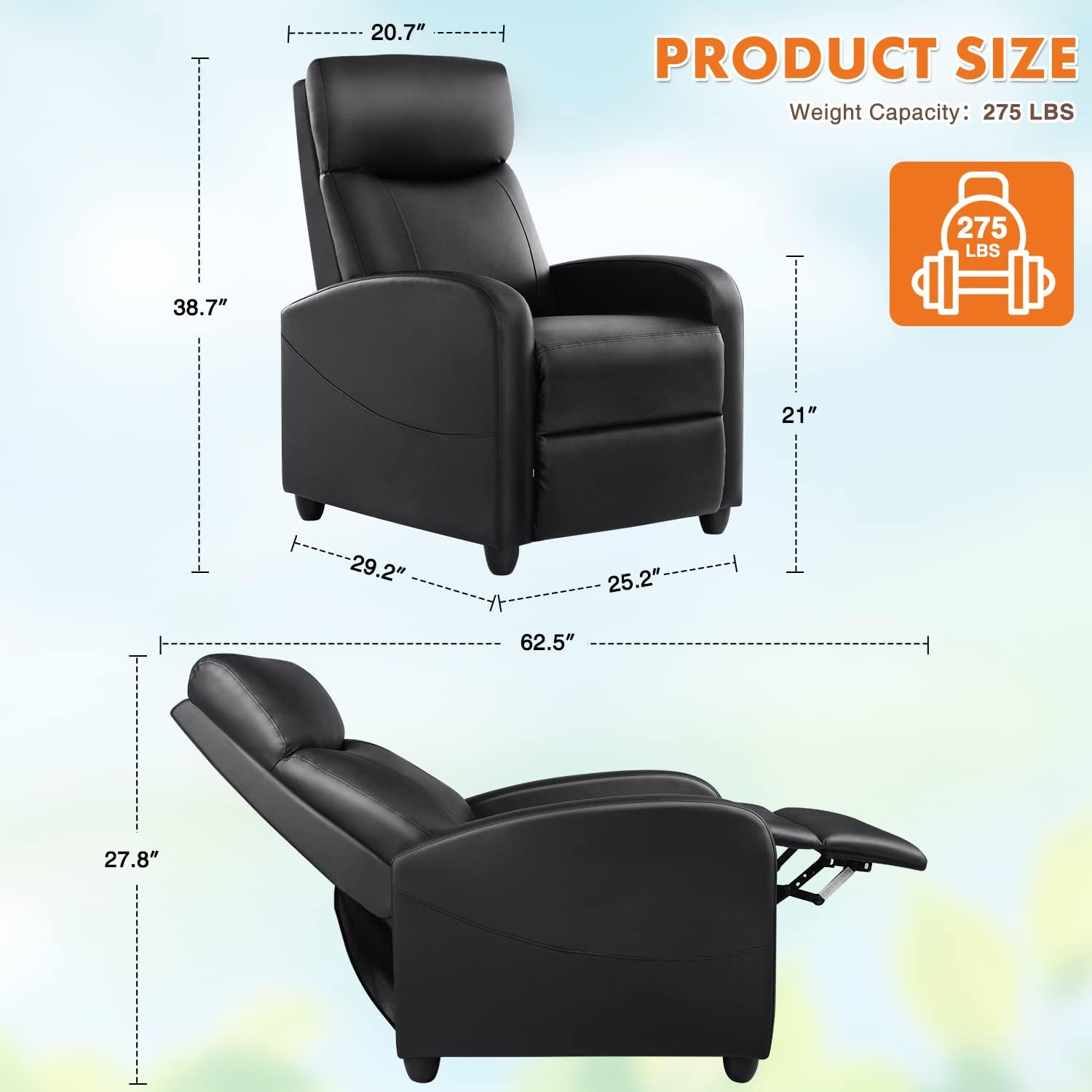 Sweetcrispy Living Room PU Leather Massage Winback Single Sofa Home Theater Adjustable Modern Reclining Chair with Padded Seat Backrest for Adults(Dark Black)