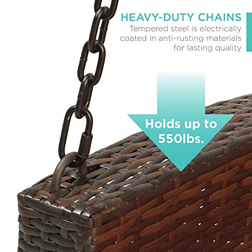 Best Choice Products Woven Wicker Outdoor Porch Swing, Hanging Patio Bench for Deck, Garden w/Mounting Chains, Seat Cushion - Brown/Red