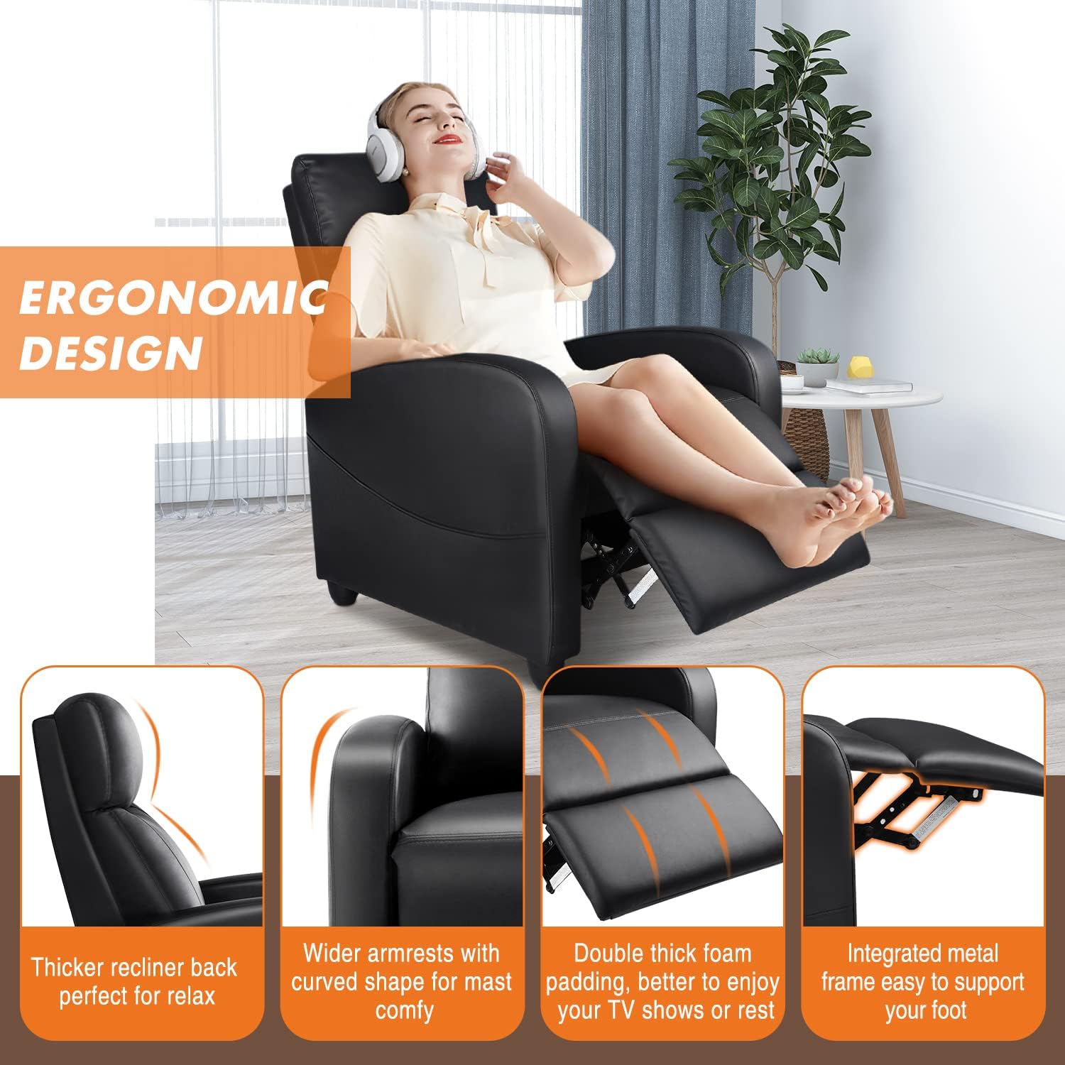 Sweetcrispy Living Room PU Leather Massage Winback Single Sofa Home Theater Adjustable Modern Reclining Chair with Padded Seat Backrest for Adults(Dark Black)