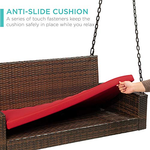 Best Choice Products Woven Wicker Outdoor Porch Swing, Hanging Patio Bench for Deck, Garden w/Mounting Chains, Seat Cushion - Brown/Red