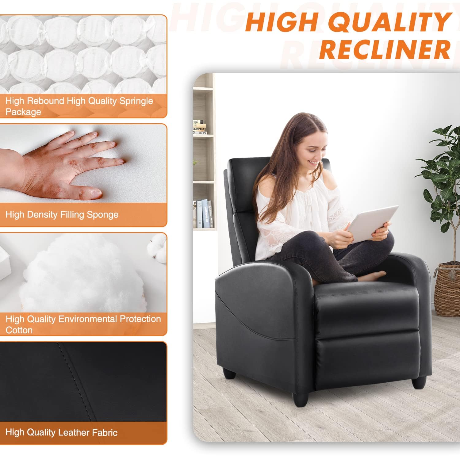 Sweetcrispy Living Room PU Leather Massage Winback Single Sofa Home Theater Adjustable Modern Reclining Chair with Padded Seat Backrest for Adults(Dark Black)