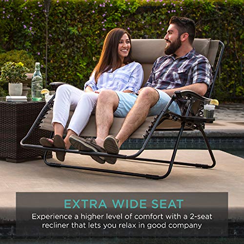 Best Choice Products 2-Person Double Wide Adjustable Folding Steel Mesh Zero Gravity Lounge Recliner Chair for Patio, Lawn, Balcony, Backyard, Beach, Outdoor Sports w/Cup Holders - Beige