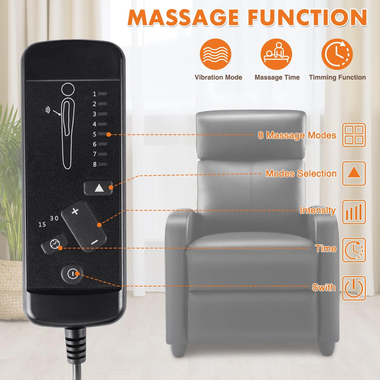 Sweetcrispy Living Room PU Leather Massage Winback Single Sofa Home Theater Adjustable Modern Reclining Chair with Padded Seat Backrest for Adults(Dark Black)