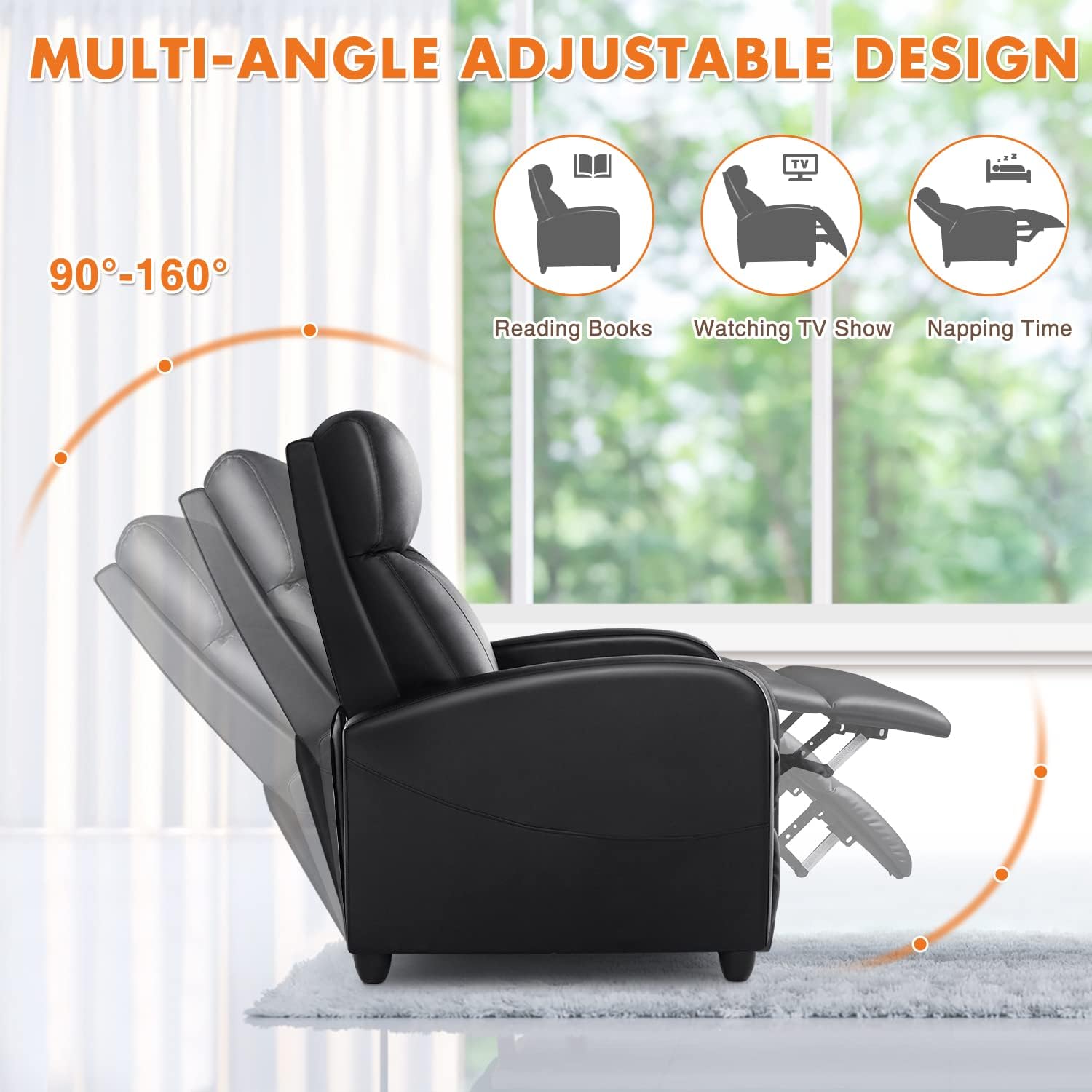 Sweetcrispy Living Room PU Leather Massage Winback Single Sofa Home Theater Adjustable Modern Reclining Chair with Padded Seat Backrest for Adults(Dark Black)