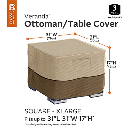 Classic Accessories Veranda Water-Resistant 31 Inch Square Patio Ottoman/Side Table Cover, Outdoor Ottoman Cover