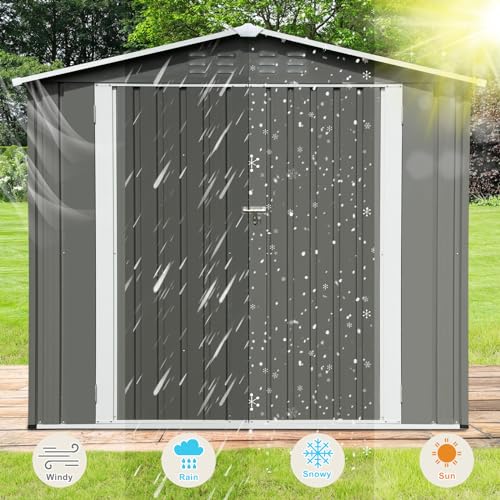 Outdoor Storage Shed 7×4.2 FT with Lockable Doors, Heavy Duty Galvanized Metal Garden Shed with Air Vent, Tool Sheds Storage House for Backyard Garden Patio Lawn-Dark Gray