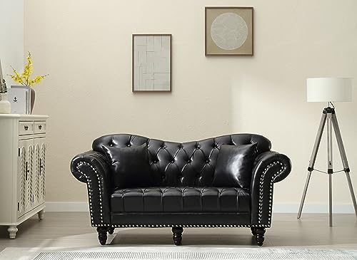 Morden Fort Chesterfield Sofa Faux Leather Loveseat, Luxurious 69" W Tufted Upholstered Loveseat Faux Leather Couch Furniture with Pillows, Wooden Leg for Living Room, Bedroom (Black)