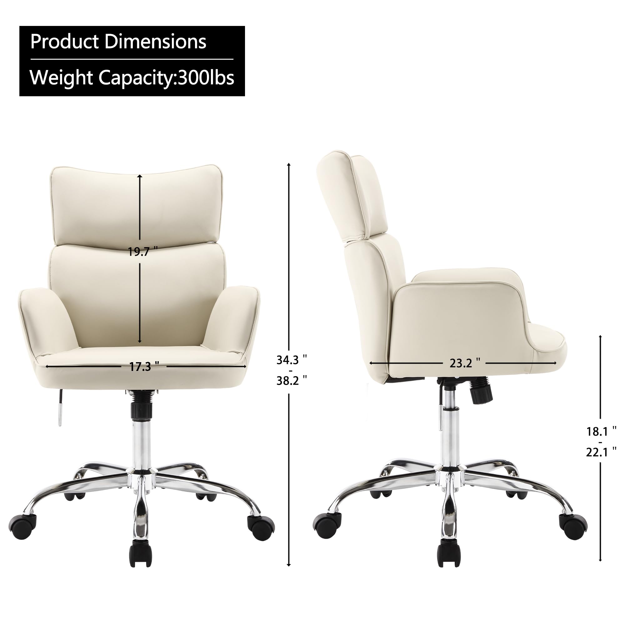 BERYTH Home Office Chair with Wheels, Adjustable Height Swivel Mid-Back Armchair Task Chair, Modern PU Leather Ergonomic Tilt Computer Desk Vanity Chair for Office, Study Room(PU Beige)
