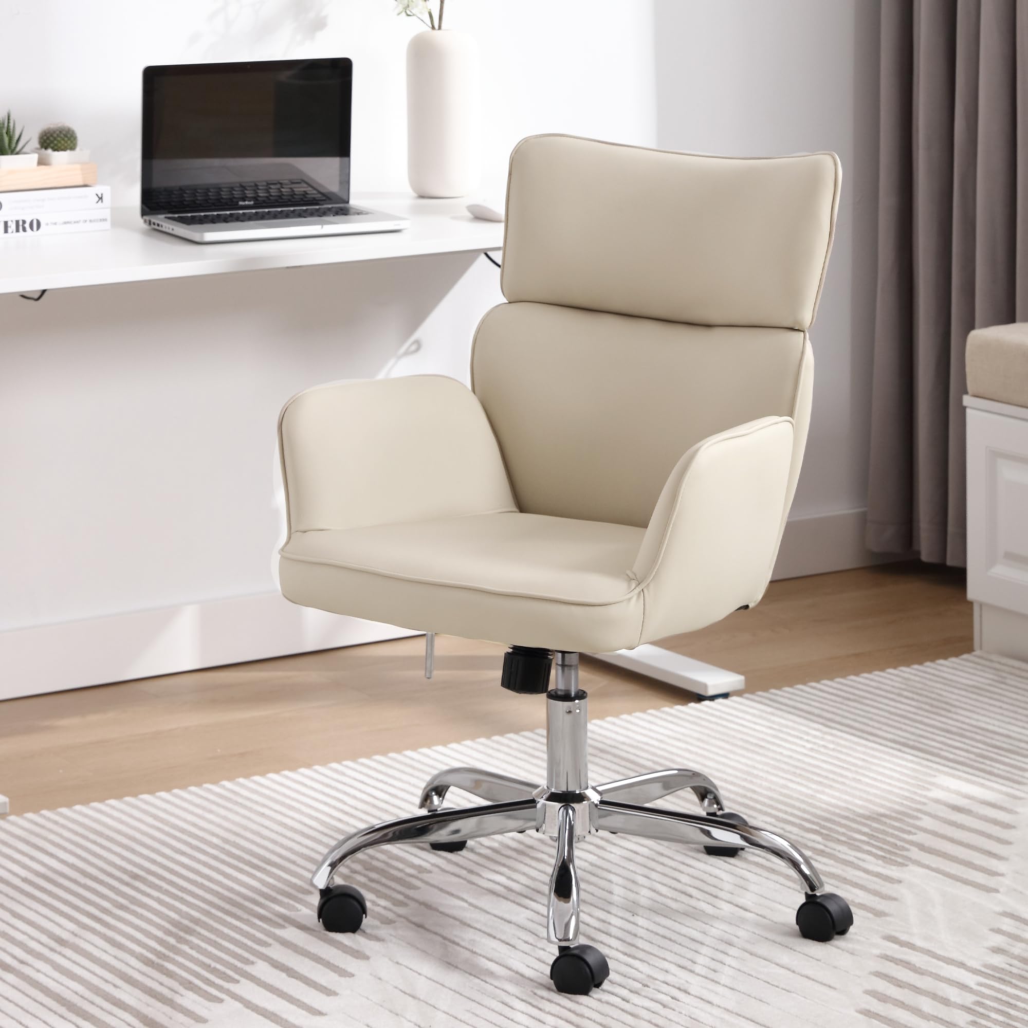 BERYTH Home Office Chair with Wheels, Adjustable Height Swivel Mid-Back Armchair Task Chair, Modern PU Leather Ergonomic Tilt Computer Desk Vanity Chair for Office, Study Room(PU Beige)