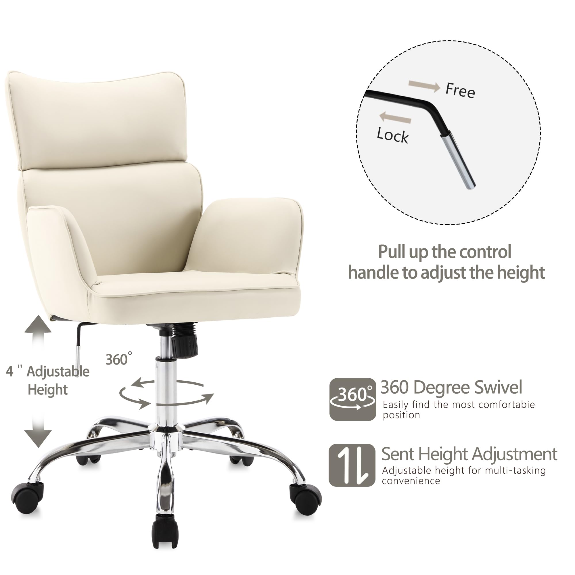 BERYTH Home Office Chair with Wheels, Adjustable Height Swivel Mid-Back Armchair Task Chair, Modern PU Leather Ergonomic Tilt Computer Desk Vanity Chair for Office, Study Room(PU Beige)