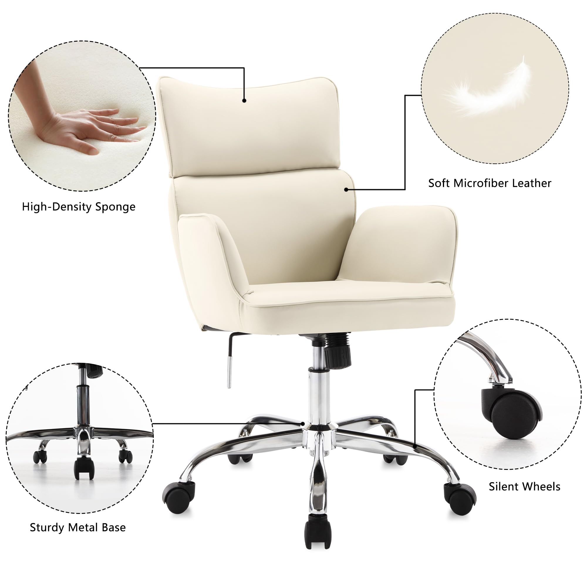 BERYTH Home Office Chair with Wheels, Adjustable Height Swivel Mid-Back Armchair Task Chair, Modern PU Leather Ergonomic Tilt Computer Desk Vanity Chair for Office, Study Room(PU Beige)