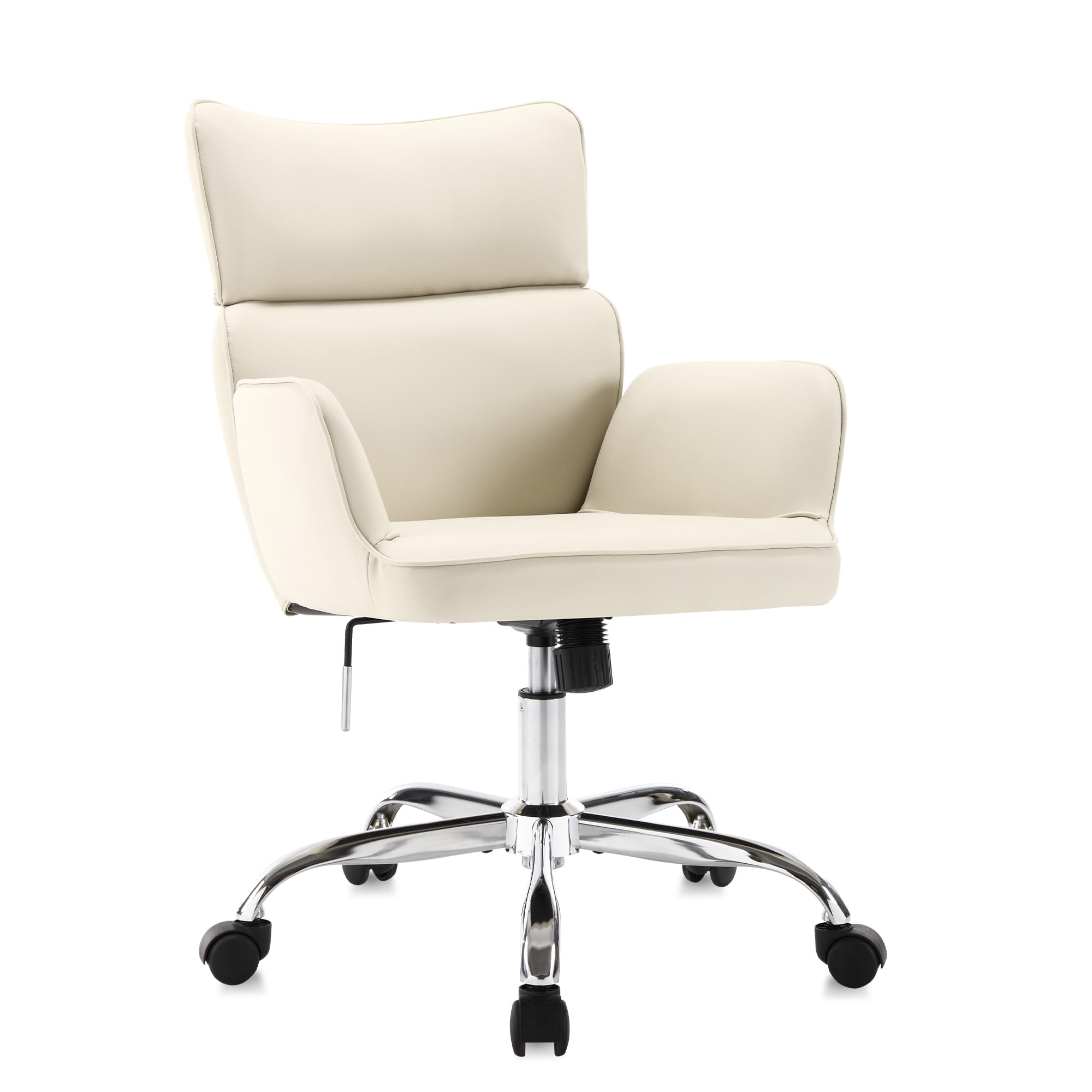 BERYTH Home Office Chair with Wheels, Adjustable Height Swivel Mid-Back Armchair Task Chair, Modern PU Leather Ergonomic Tilt Computer Desk Vanity Chair for Office, Study Room(PU Beige)