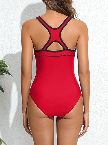 beautyin Zipper Athletic Bathing Suit for Women Racerback Lap Swimsuit Sporty Swimwear Red