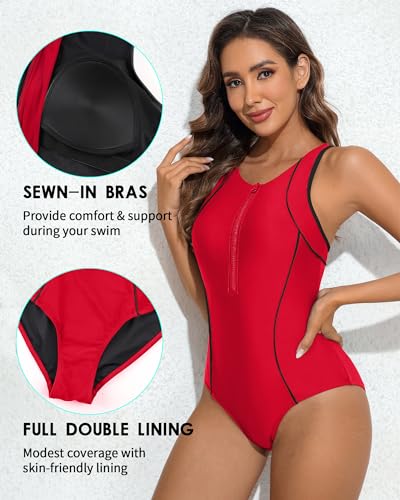 beautyin Zipper Athletic Bathing Suit for Women Racerback Lap Swimsuit Sporty Swimwear Red