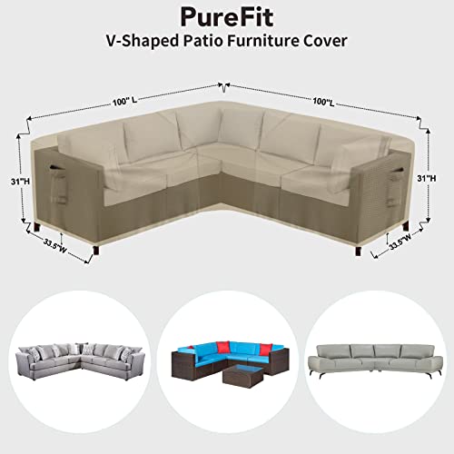 PureFit Outdoor Sectional Sofa Cover Waterproof V Shaped Patio Furniture Covers for Deck, Lawn and Backyard, 100βx100β, Camel