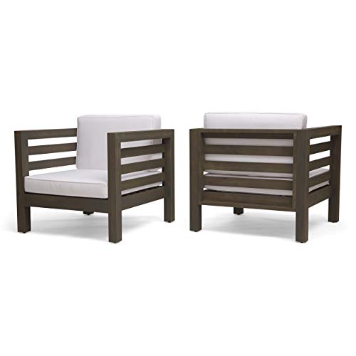 Great Deal Furniture Louise Outdoor Acacia Wood Club Chairs with Cushions (Set of 2), Gray Finish and White