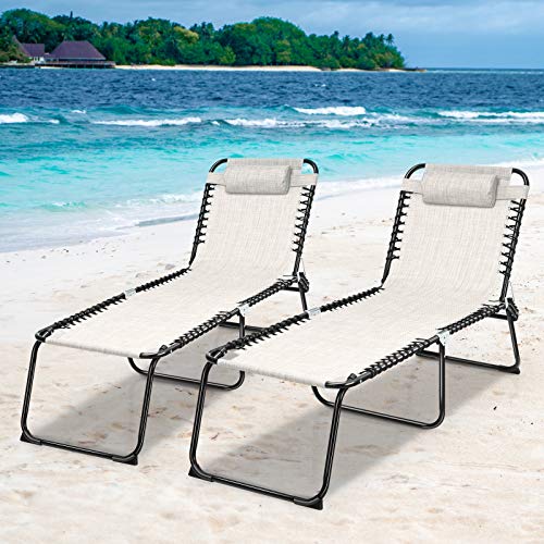 Goplus Beach Lounge Chair, Folding Chaise Lounger with Detachable Pillow & Adjustable 4-Level Backrest & 2-Level Footrest, Sun Bathing Chair for Patio Backyard Garden Outdoor