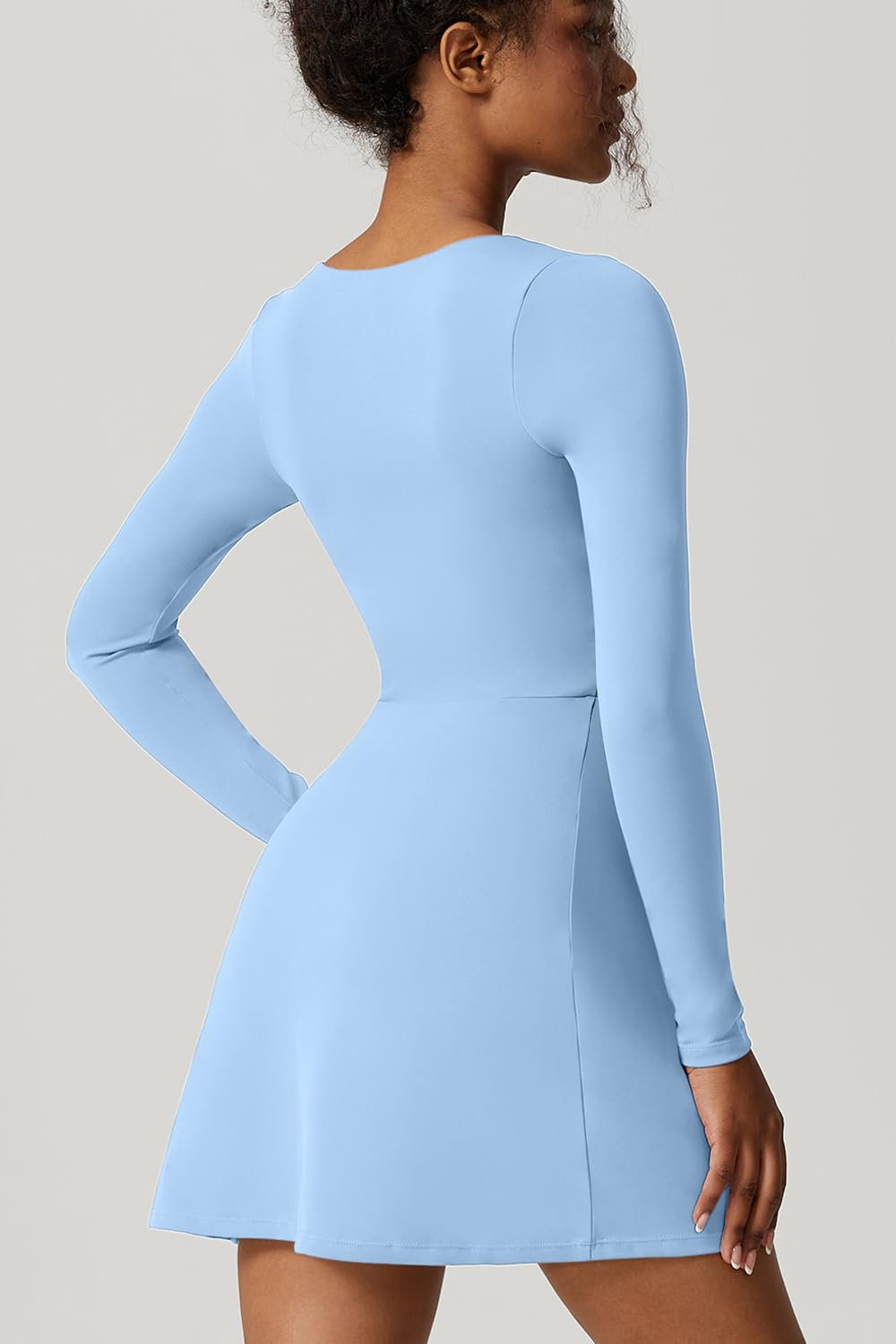 QINSEN Womens Airy Blue Mini Dress for Casual Long Sleeve High Waist Bodycon Dresses S