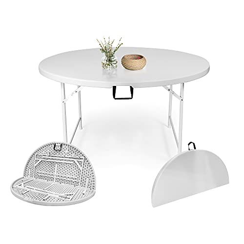 Vilobos Round Folding Table, 4.4-Foot 53” Dia Portable Plastic Table Comfortable for 6 to 8 Seat, Party Banquet Table for Conference Card Camping Wedding Dining Outdoor Picnic Family Festival Events
