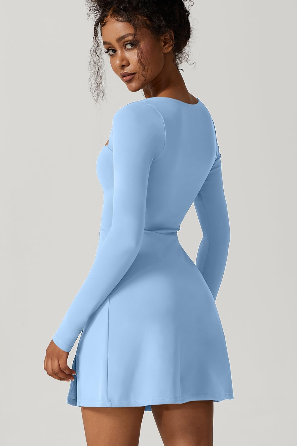 QINSEN Womens Airy Blue Mini Dress for Casual Long Sleeve High Waist Bodycon Dresses S