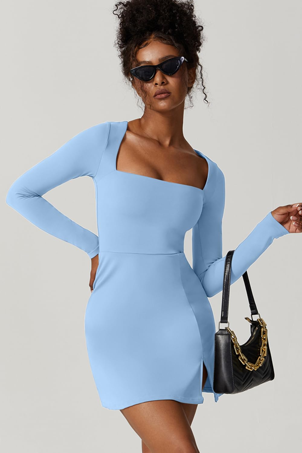 QINSEN Womens Airy Blue Mini Dress for Casual Long Sleeve High Waist Bodycon Dresses S