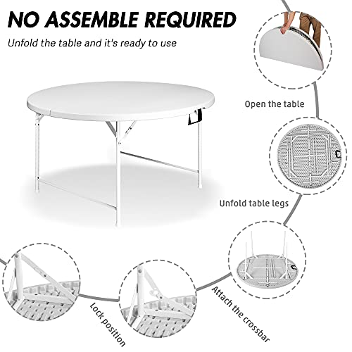 Vilobos Round Folding Table, 4.4-Foot 53β Dia Portable Plastic Table Comfortable for 6 to 8 Seat, Party Banquet Table for Conference Card Camping Wedding Dining Outdoor Picnic Family Festival Events
