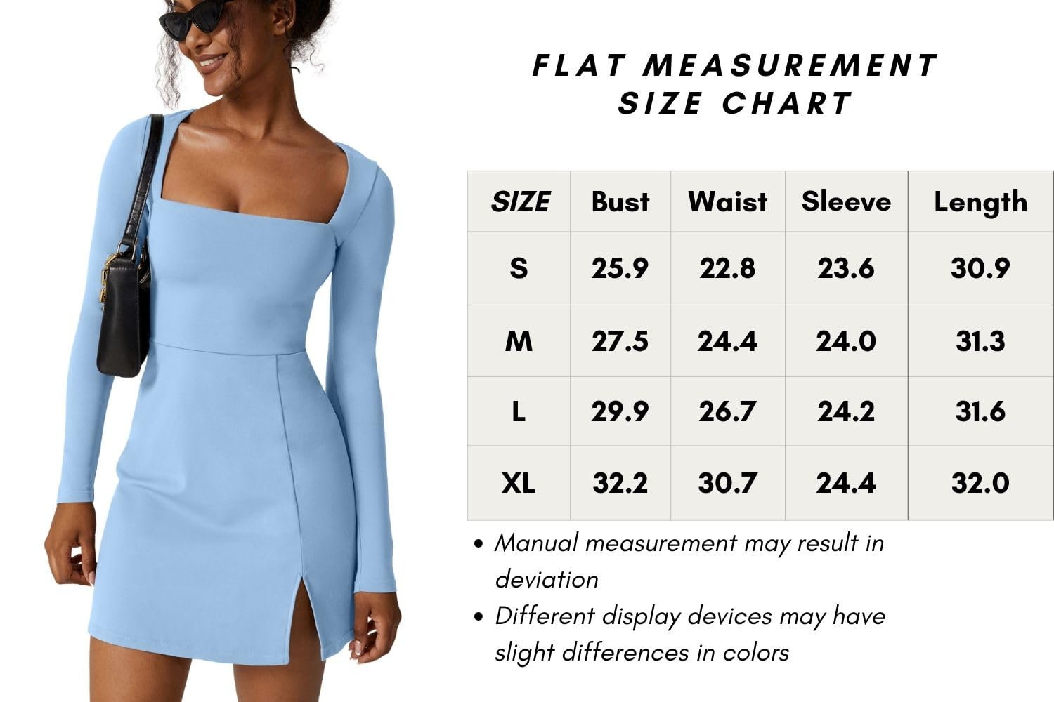 QINSEN Womens Airy Blue Mini Dress for Casual Long Sleeve High Waist Bodycon Dresses S