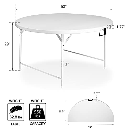 Vilobos Round Folding Table, 4.4-Foot 53β Dia Portable Plastic Table Comfortable for 6 to 8 Seat, Party Banquet Table for Conference Card Camping Wedding Dining Outdoor Picnic Family Festival Events