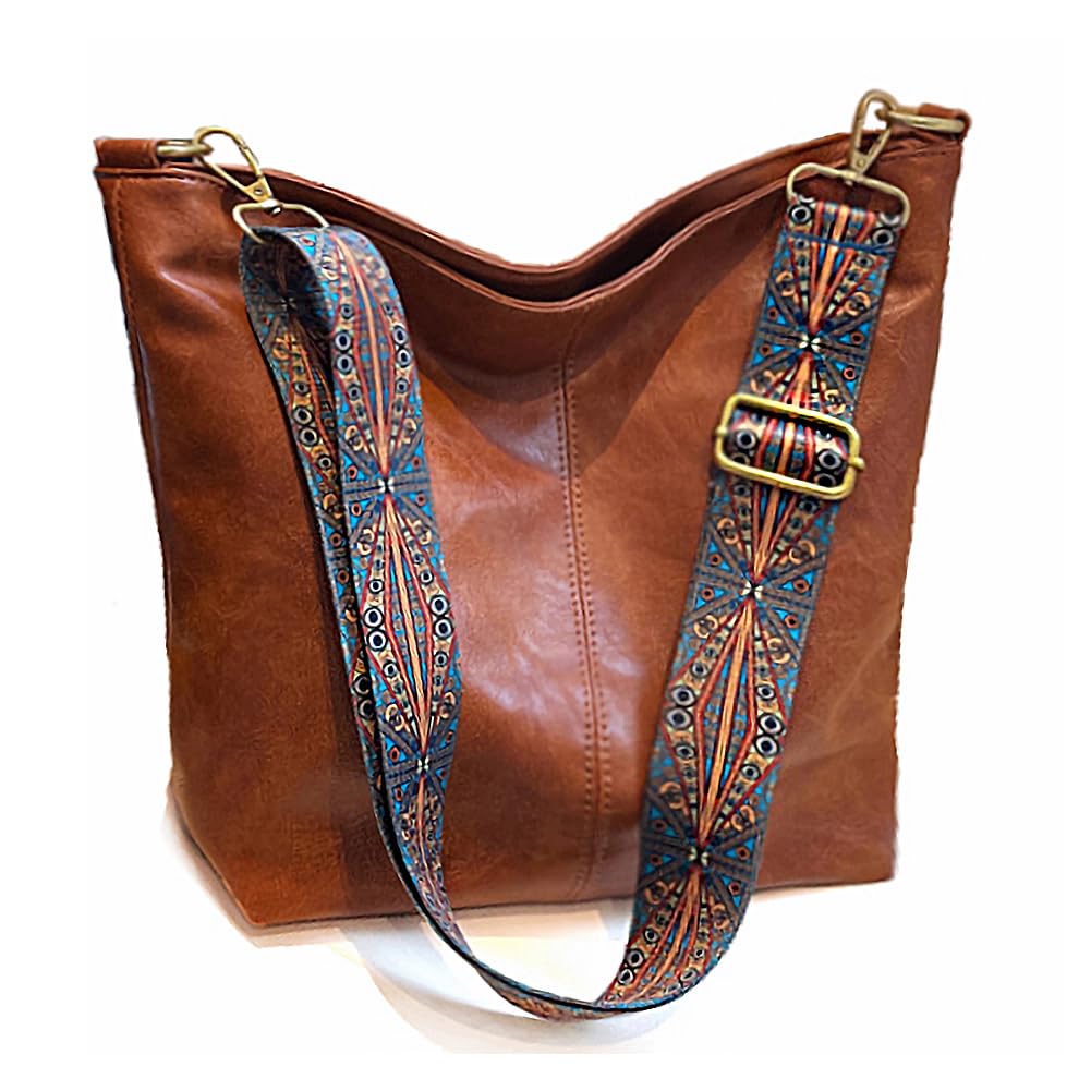 Huwzder Hobo Bags Vegan Leather Crossbody Bag Guitar Strap Shoulder Purses with Zipper Handbags for Women (Brown)