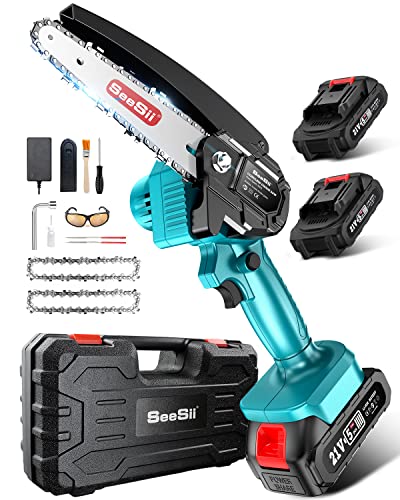 Mini Chainsaw 6-inch Mini Chainsaw Cordless ๐ญ๐ฎ Pc Tool Set, Seesii Battery Chainsaw with 2x Big Batteries, 2.62lbs Handheld Electric Power Chain Saw with Safety Lock for Tree Trimming Wood Cutting