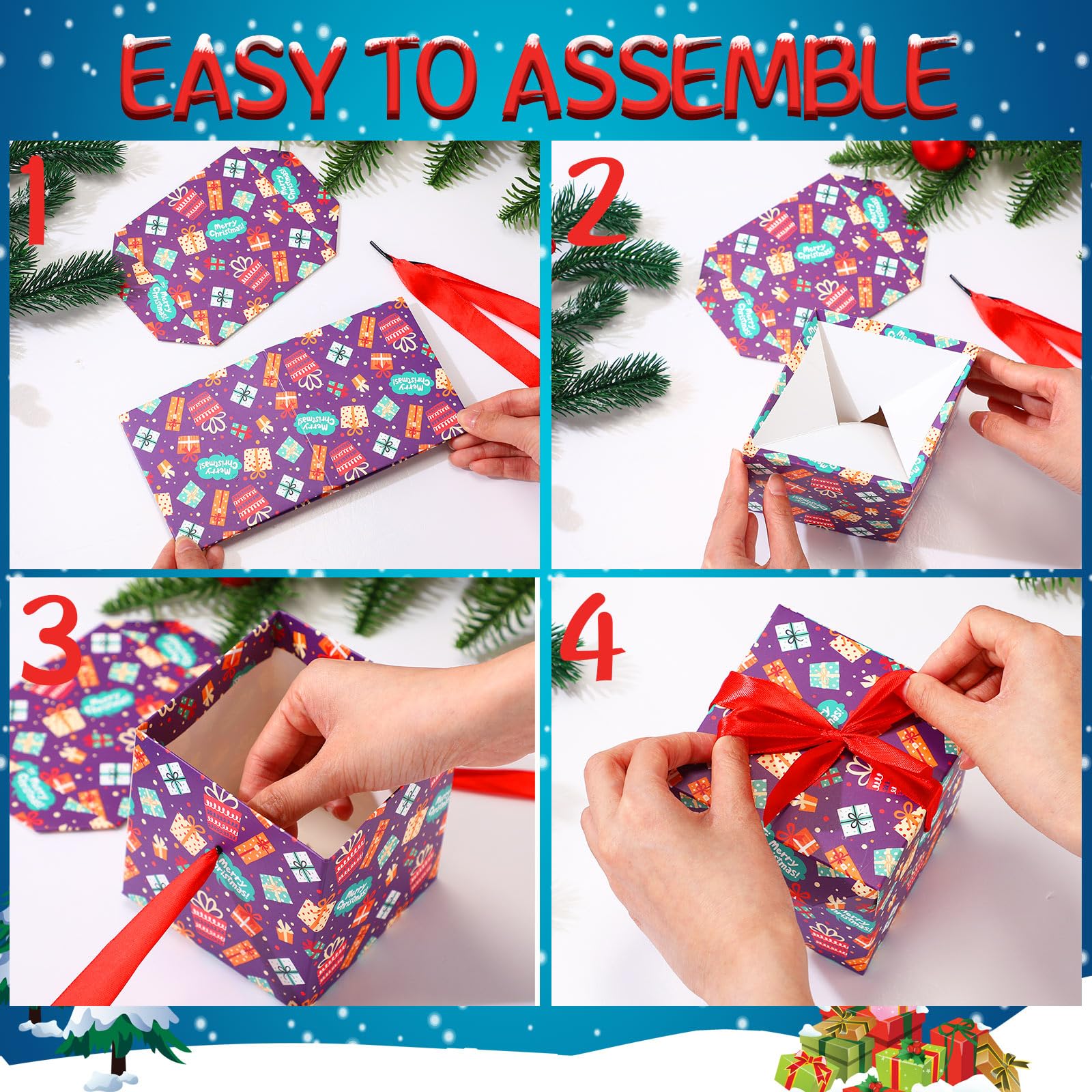 Cholemy 60 Pieces Christmas Gift Boxes with Lids Small Squared Boxes with Ribbon Xmas 4x4x4 Boxes Holiday Bow Box Gift Wrap Boxes for Christmas Party Favor Present, 12 Designs(Classic Style)