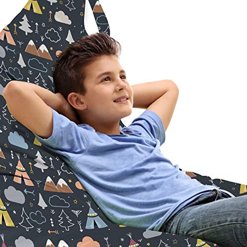 Lunarable Camping Lounger Chair Bag, Ethnic Illustration of Outdoor Elements Tents Mountains Trees Clouds, High Capacity Storage with Handle Container, Lounger Size, Dark Grey and Multicolor