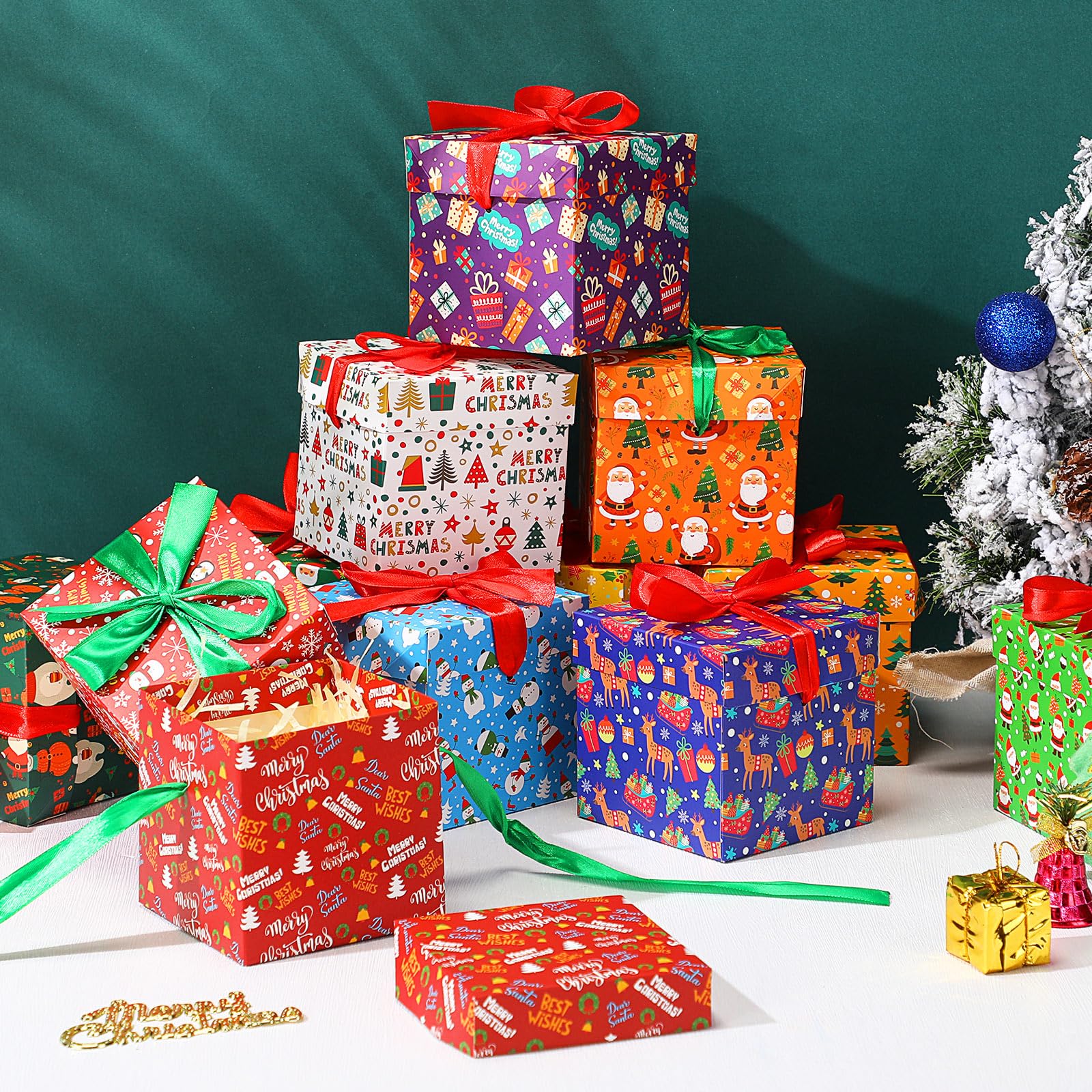 Cholemy 60 Pieces Christmas Gift Boxes with Lids Small Squared Boxes with Ribbon Xmas 4x4x4 Boxes Holiday Bow Box Gift Wrap Boxes for Christmas Party Favor Present, 12 Designs(Classic Style)