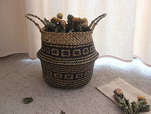 Yesland 3 Pcs Woven Seagrass Belly Basket for Storage, Ideal Cross Pattern Plant Pot, Laundry & Picnic Basket for Home or Outdoor Use - Black (S,M,L)