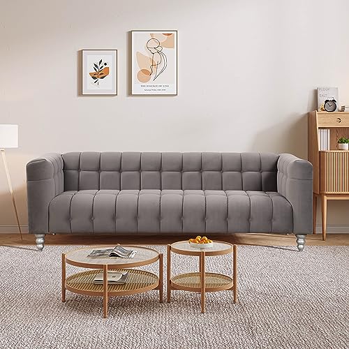 Melpomene Upholstered 89" Velvet Button Tufted 3 Seater Sofa with Solid Wood Legs,Luxury Chesterfield Sofa with Square Arms, for Livingroom, Office, Apartment(Grey)