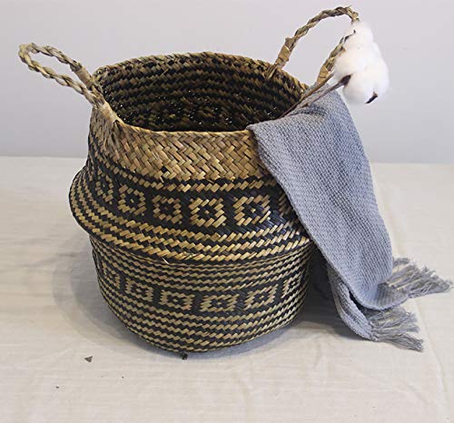 Yesland 3 Pcs Woven Seagrass Belly Basket for Storage, Ideal Cross Pattern Plant Pot, Laundry & Picnic Basket for Home or Outdoor Use - Black (S,M,L)