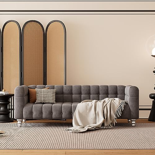 Melpomene Upholstered 89" Velvet Button Tufted 3 Seater Sofa with Solid Wood Legs,Luxury Chesterfield Sofa with Square Arms, for Livingroom, Office, Apartment(Grey)