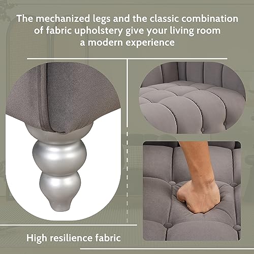 Melpomene Upholstered 89" Velvet Button Tufted 3 Seater Sofa with Solid Wood Legs,Luxury Chesterfield Sofa with Square Arms, for Livingroom, Office, Apartment(Grey)