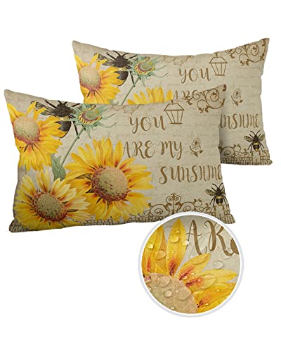 Waterproof Outdoor Throw Pillow Cover Sunflower with Bees Lumbar Pillowcases Set of 2 Vintage Floral Garden My Only Sunshine Decorative Patio Furniture Pillows for Couch Garden 20 x 12 Inches