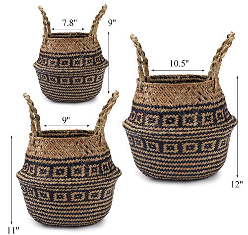 Yesland 3 Pcs Woven Seagrass Belly Basket for Storage, Ideal Cross Pattern Plant Pot, Laundry & Picnic Basket for Home or Outdoor Use - Black (S,M,L)