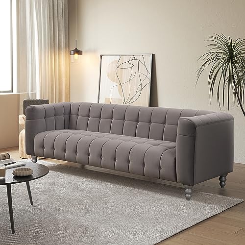 Melpomene Upholstered 89" Velvet Button Tufted 3 Seater Sofa with Solid Wood Legs,Luxury Chesterfield Sofa with Square Arms, for Livingroom, Office, Apartment(Grey)