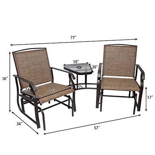 3 in 1 Outdoor Glider Chairs with Table, 1.65" Umbrella Hole Mesh Fabric Patio Loveseat Double Glider Rocker Chair and Center Tempered Glass Table for Garden, Poolside, Balcony