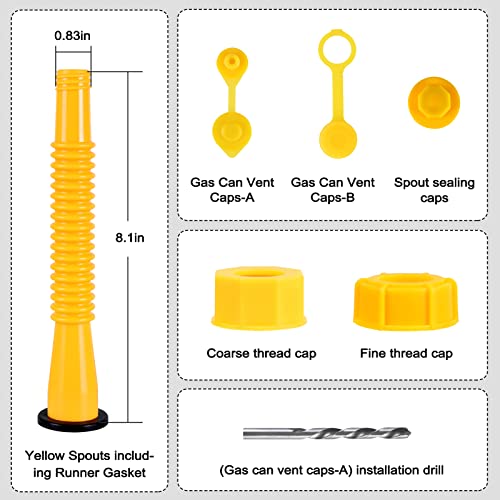 Gas Can Spout Replacement, Gas Can Nozzle,(3Kit-Yellow) with 6 Screw Collar Caps(3 Coarse Thread &3 Fine Thread-Fits Most of The Cans) with Gas Can Vent Caps, Thick Rubber pad, Spout Cover, Base Caps