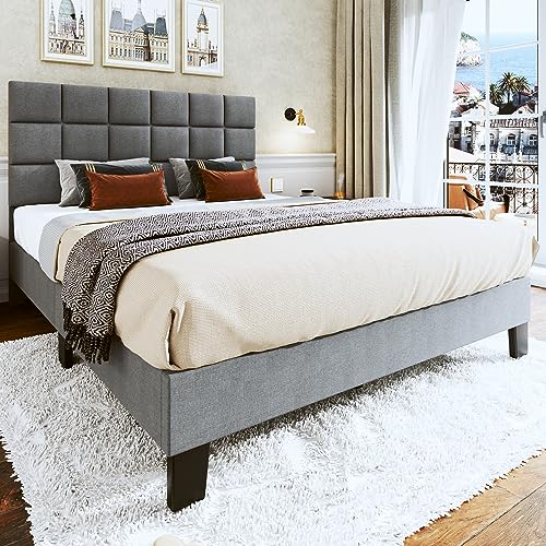 Fluest Queen Bed Frame Upholstered Bed Frame Platform with Adjustable Headboard Linen Fabric Tufted Headboard Wooden Slats Support, No Box Spring Needed, Easy Assembly, Mattress Foundation, Light Grey