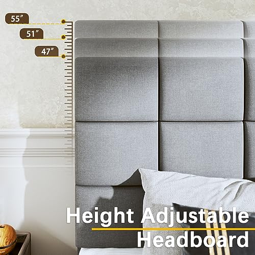 Fluest Queen Bed Frame Upholstered Bed Frame Platform with Adjustable Headboard Linen Fabric Tufted Headboard Wooden Slats Support, No Box Spring Needed, Easy Assembly, Mattress Foundation, Light Grey